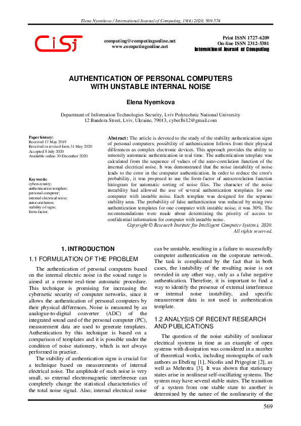 (PDF) Authentication of Personal Computers with Unstable Internal Noise