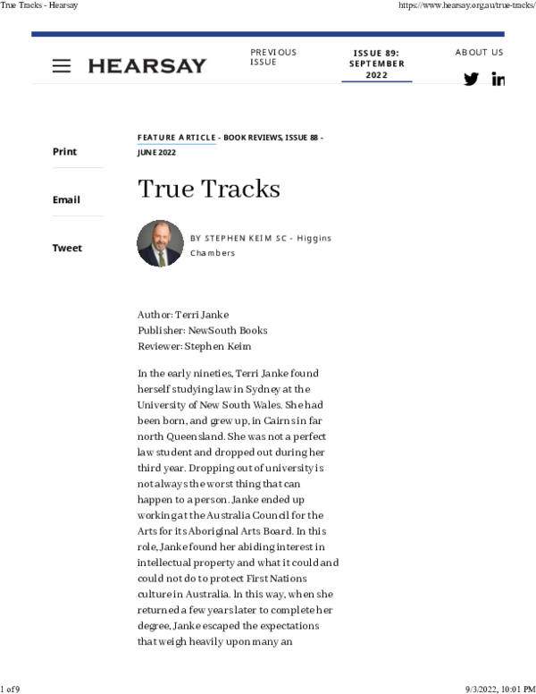 (PDF) Review of Terri Janke's True Tracks as published in Hearsay