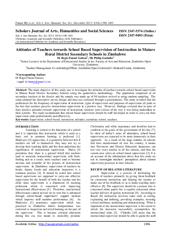 (PDF) Attitudes of Teachers towards School Based Supervision of ...