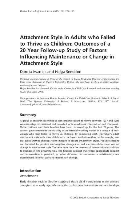 (PDF) Attachment style in adults who failed to thrive as children ...