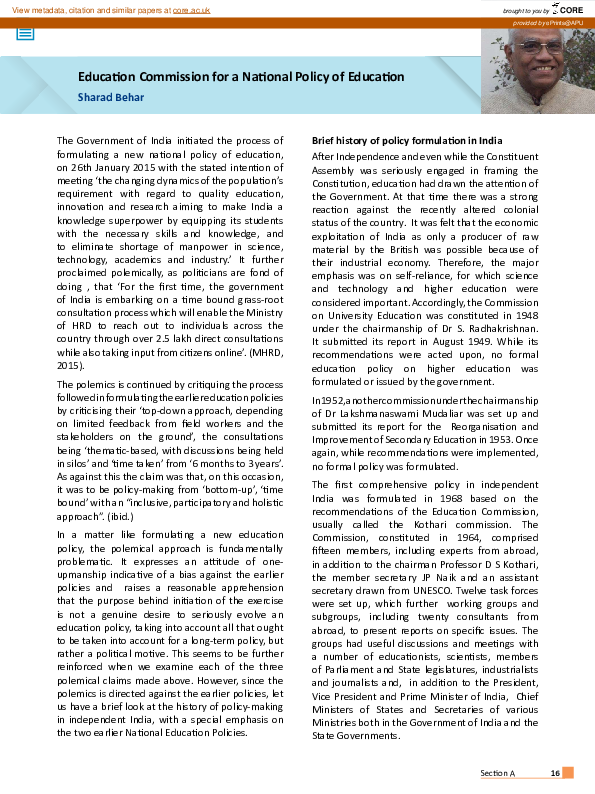 (PDF) Education commission for a national policy of education