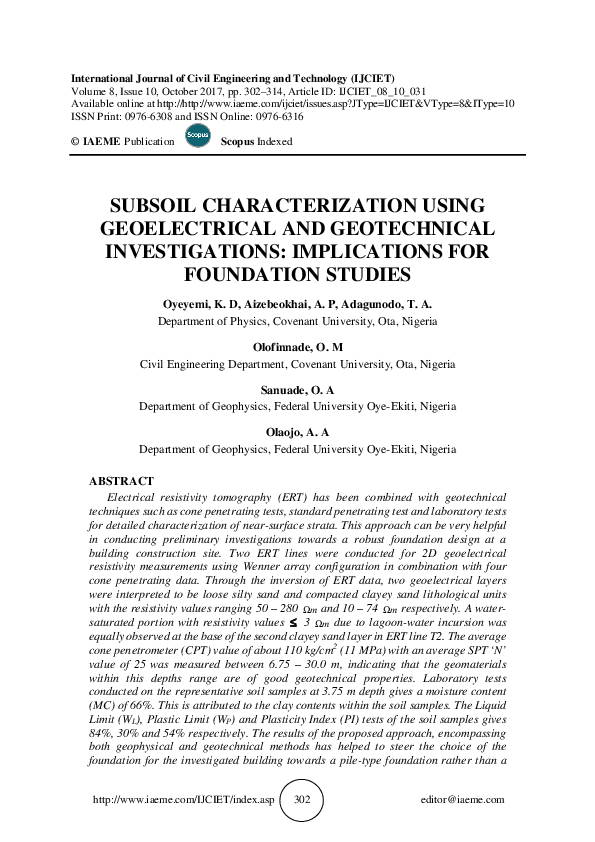 (PDF) Subsoil Characterization Using Geoelectrical and Geotechnical Investigations: Implications ...