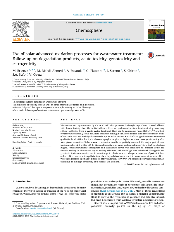 (PDF) Use of solar advanced oxidation processes for wastewater ...