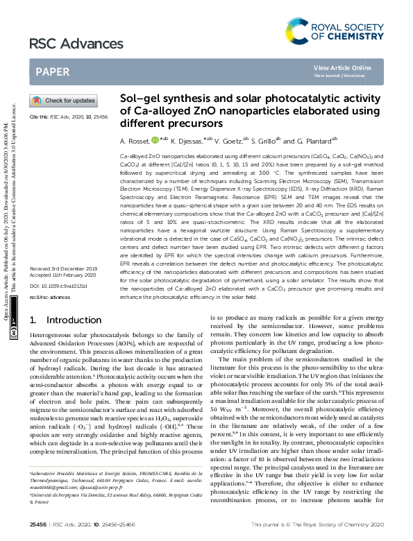 (PDF) Sol–gel synthesis and solar photocatalytic activity of Ca-alloyed ZnO nanoparticles ...