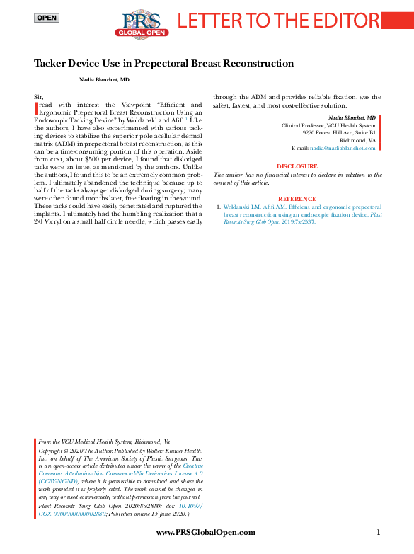 (PDF) Tacker Device Use in Prepectoral Breast Reconstruction