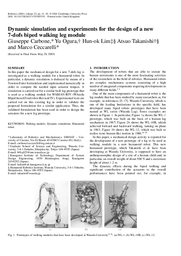 Pdf Dynamic Simulation And Experiments For The Design Of A New 7 Dofs Biped Walking Leg Module