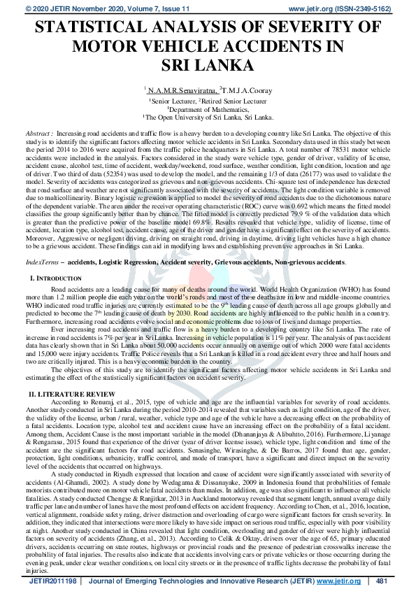 (PDF) Statistical Analysis of Severity of Motor Vehicle Accidents in ...