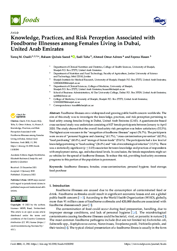 (PDF) Knowledge, Practices, and Risk Perception Associated with Foodborne Illnesses among ...