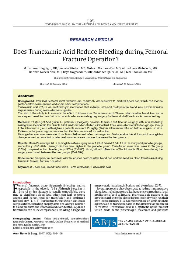 (PDF) Does Tranexamic Acid Reduce Bleeding during Femoral Fracture ...
