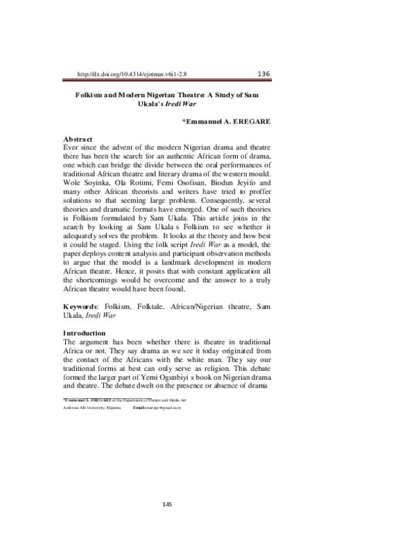 (PDF) Folkism and Modern Nigerian Theatre: A Study of Sam Ukala's Iredi War