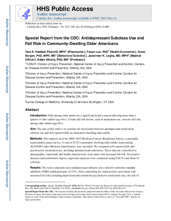 (PDF) Special Report from the CDC Antidepressant subclass use and fall ...