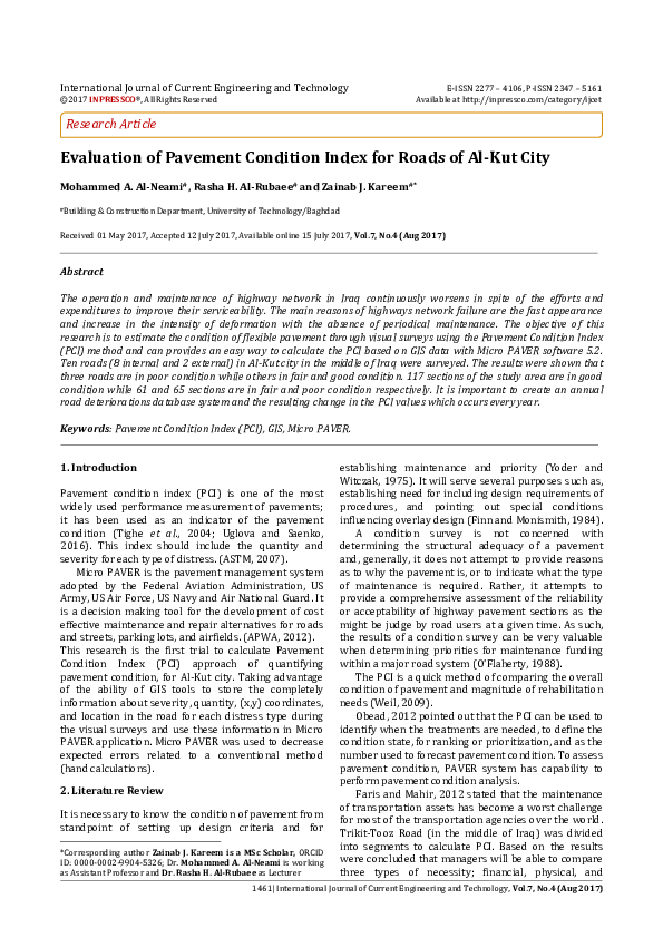 (PDF) Evaluation of Pavement Condition Index for Roads of Al-Kut City