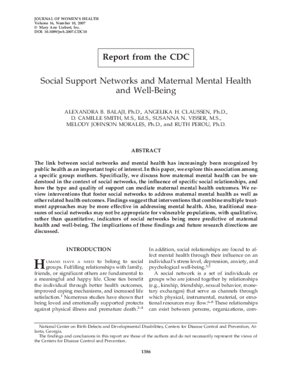 (PDF) Social Support Networks and Maternal Mental Health and Well-Being
