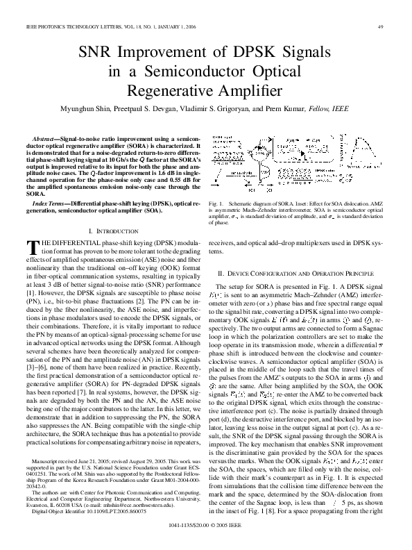 (PDF) SNR improvement of DPSK signals in a semiconductor optical regenerative amplifier