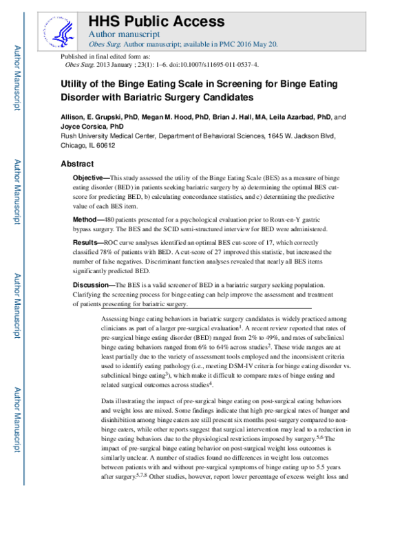 (PDF) Examining the Binge Eating Scale in Screening for Binge Eating ...