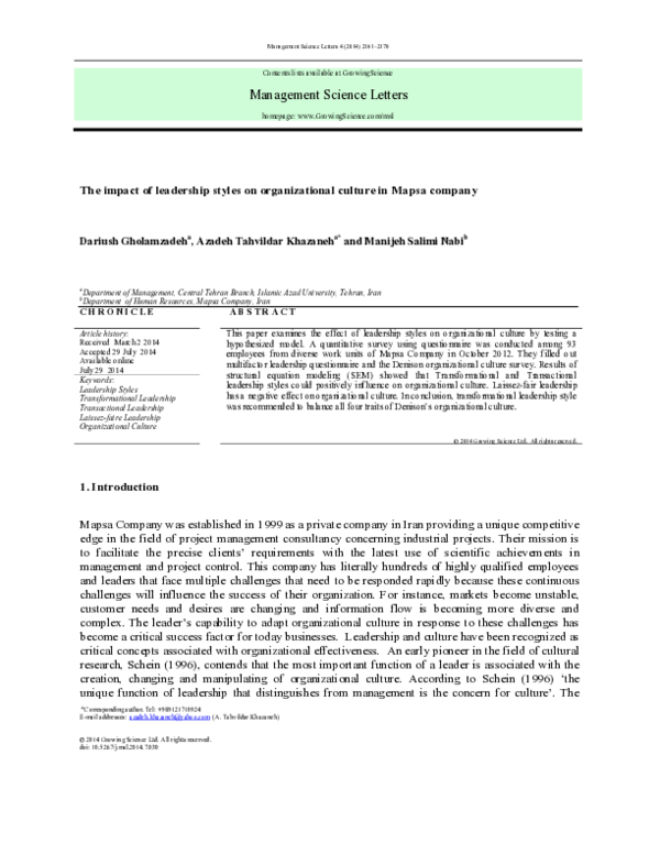 (PDF) The impact of leadership styles on organizational culture and firm effectiveness: An ...