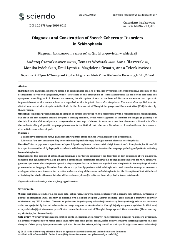 (PDF) Diagnosis and Construction of Speech Coherence Disorders in ...