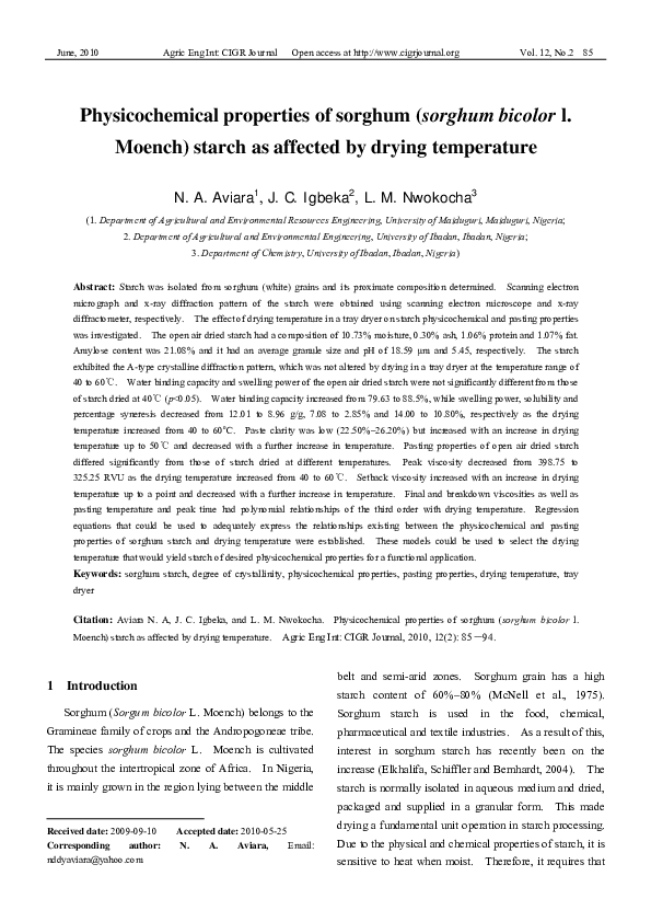 (PDF) Physicochemical properties of sorghum (sorghum bicolor l. Moench) starch as affected by ...