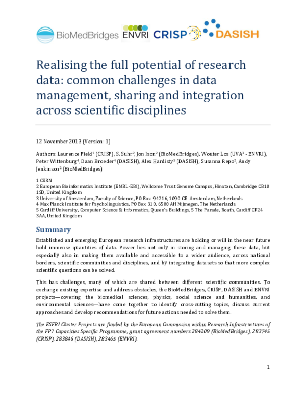 (PDF) Realising the full potential of research data: common challenges in data management ...
