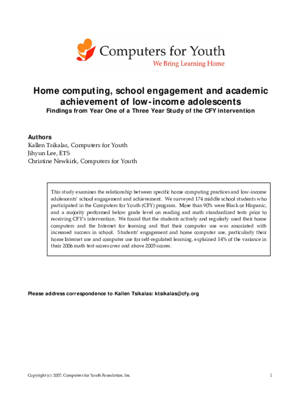 (PDF) Home computing, school engagement and academic achievement of low ...