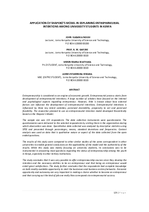 (PDF) 125 | P a g e APPLICATION OF SHAPERO’S MODEL IN EXPLAINING ENTREPRENEURIAL INTENTIONS ...