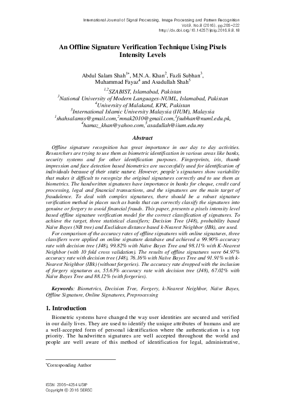 (PDF) An Offline Signature Verification Technique Using Pixels Intensity Levels