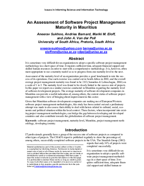 (PDF) An Assessment of Software Project Management Maturity in Mauritius