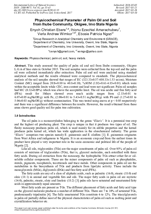 (PDF) Physicochemical Parameter of Palm Oil and Soil from Ihube ...