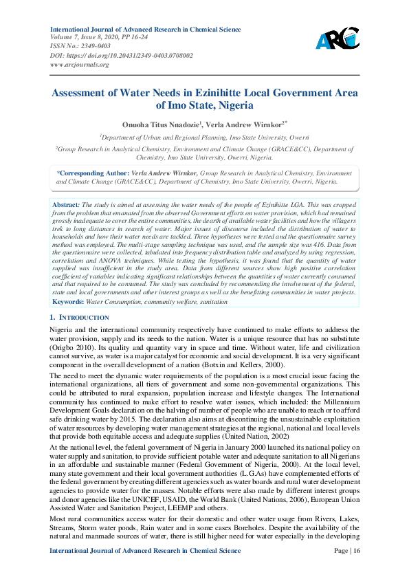 (PDF) Assessment of Water Needs in Ezinihitte Local Government Area of ...