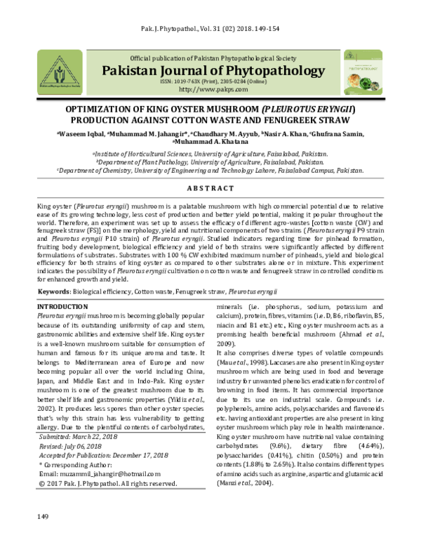 (PDF) Optimization of King Oyster Mushroom (Pleurotus Eryngii) Production Against Cotton Waste ...