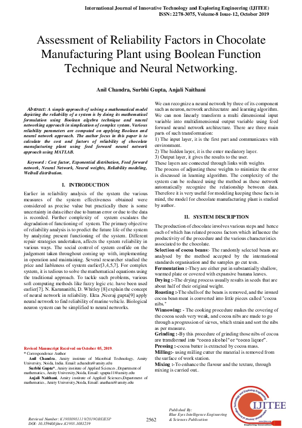 (PDF) Assessment of Reliability Factors in Chocolate Manufacturing Plant using Boolean Function ...