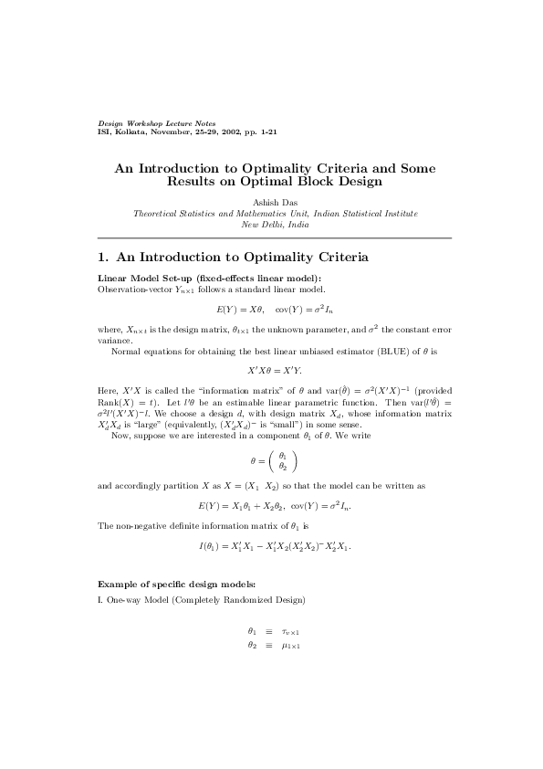 (PDF) An Introduction to Optimality Criteria and Some Results on Optimal Block Design