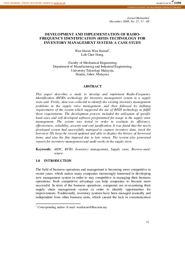 (PDF) Development and implementation of radiofrequency identification (RFID) technology for ...