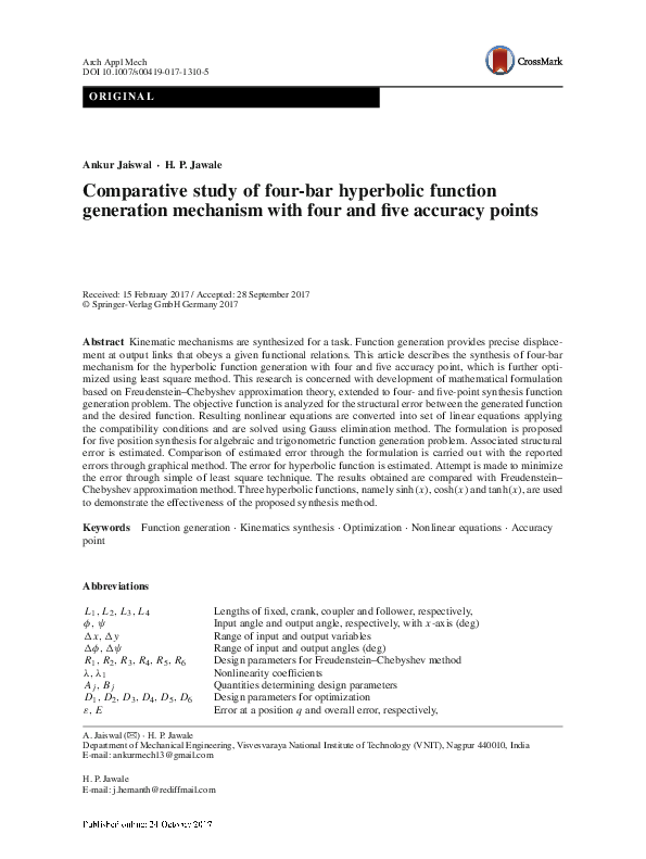 (PDF) Comparative study of four-bar hyperbolic function generation mechanism with four and five ...