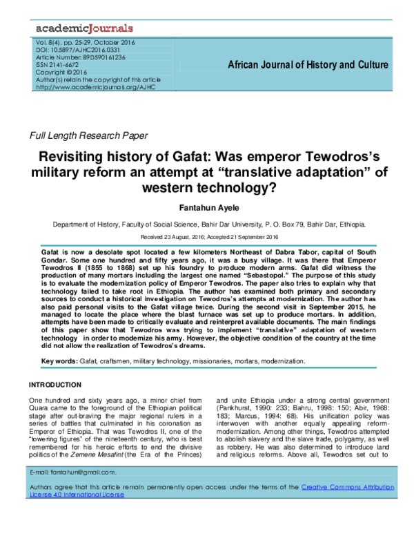 (PDF) Revisiting history of Gafat: Was emperor Tewodross military ...
