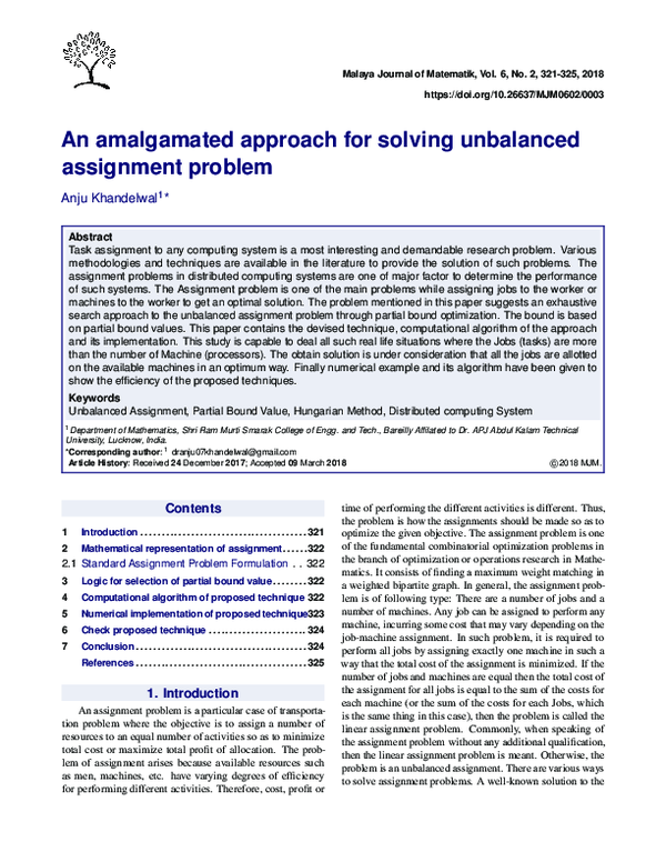 (PDF) An amalgamated approach for solving unbalanced assignment problem