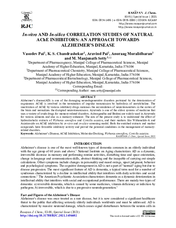 (PDF) In-vitro AND In-silico CORRELATION STUDIES OF NATURAL AChE ...
