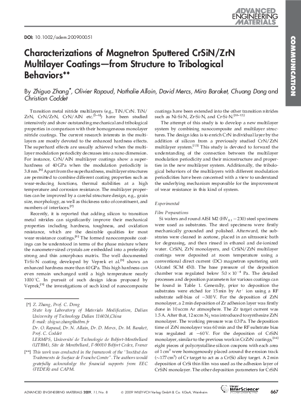 (PDF) Characterizations of Magnetron Sputtered CrSiN/ZrN Multilayer Coatings-from Structure to ...
