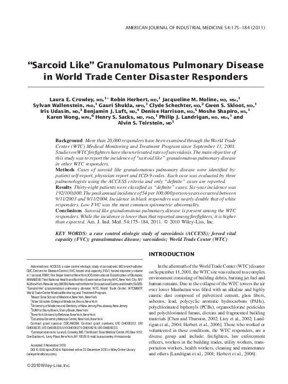 (PDF) “Sarcoid like” granulomatous pulmonary disease (SLGPD) in WTC ...