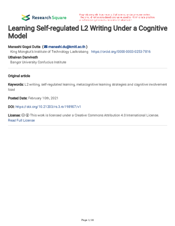 (PDF) Learning Self-regulated L2 WritingUnder a Cognitive Model