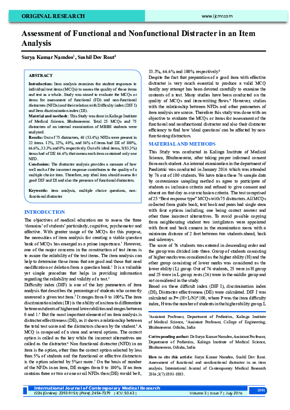 (PDF) Assessment of Functional and Nonfunctional Distracter in an Item ...