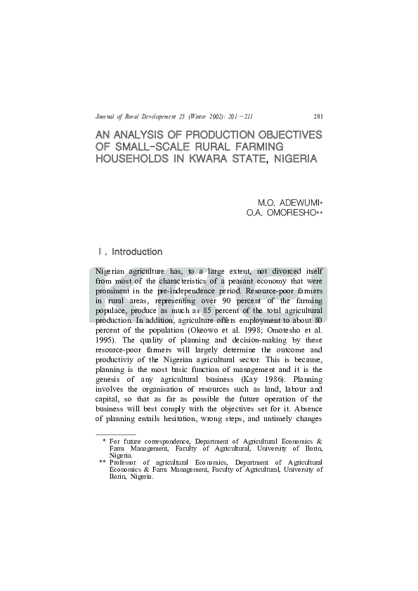 (PDF) An Analysis of Production Objectives of Small-Scale Rural Farming ...