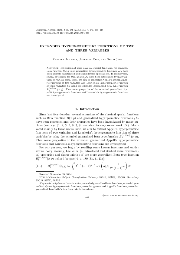 (PDF) Extended Hypergeometric Functions of Two and Three Variables