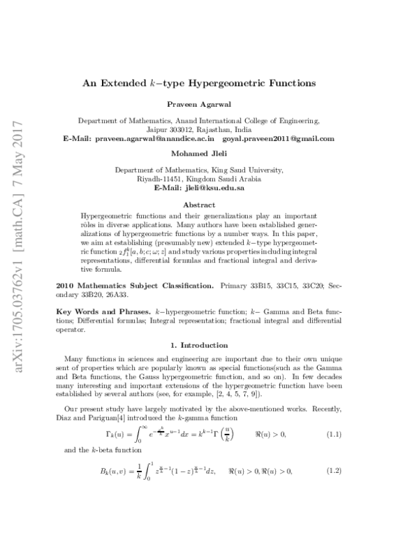 (PDF) An Extended k-type Hypergeometric Functions