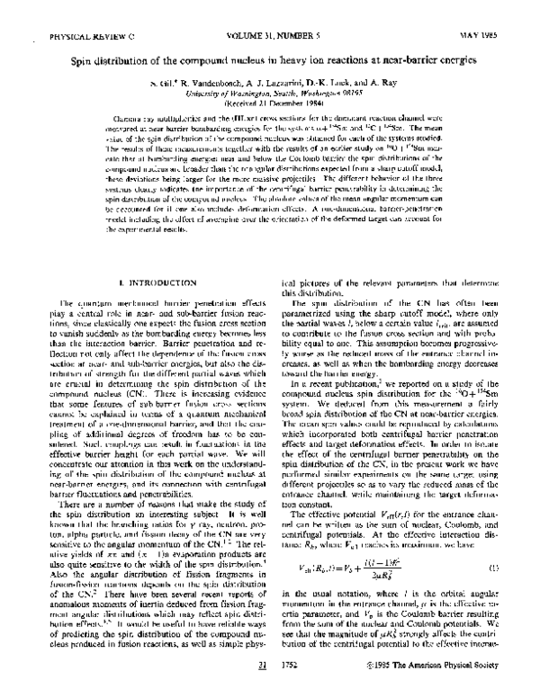 (PDF) Spin distribution of the compound nucleus in heavy ion reactions at near-barrier energies