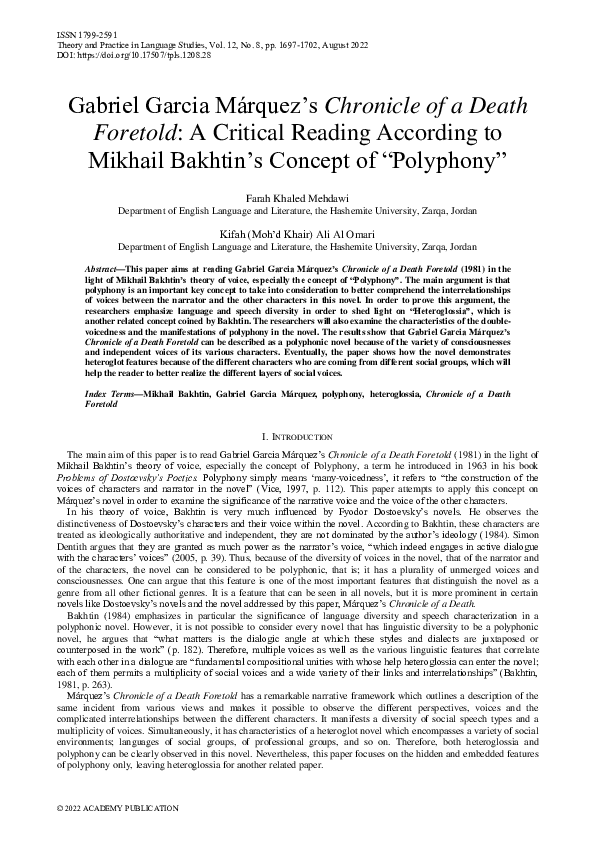 (PDF) Gabriel Garcia Márquez’s Chronicle of a Death Foretold: A ...
