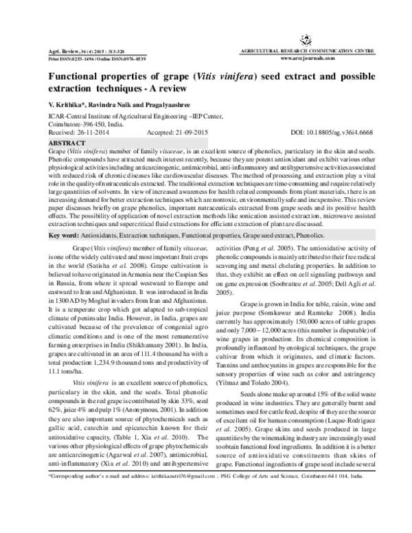 (PDF) Functional properties of grape ( Vitis vinifera ) seed extract ...