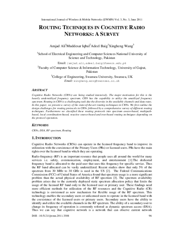 (PDF) Routing Techniques In Cognitive Radio Networks: A Survey | adeel baig - Academia.edu