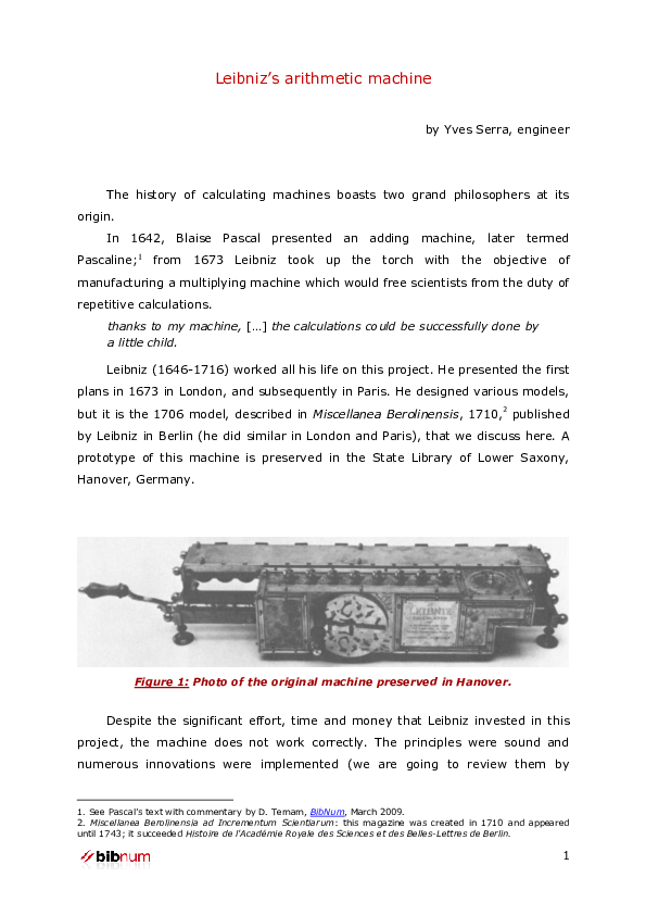 Pdf Leibnizs Arithmetic Machine Yves Serra