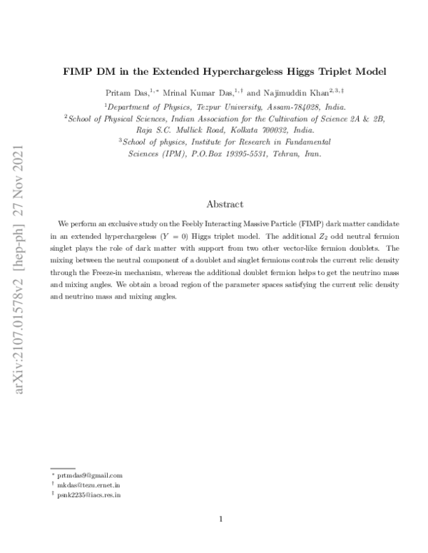 (PDF) FIMP DM in the extended hyperchargeless Higgs triplet model